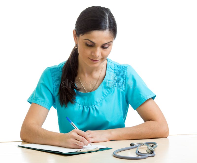 Female Doctor Working at the Desk, on White Background Stock Photo ...