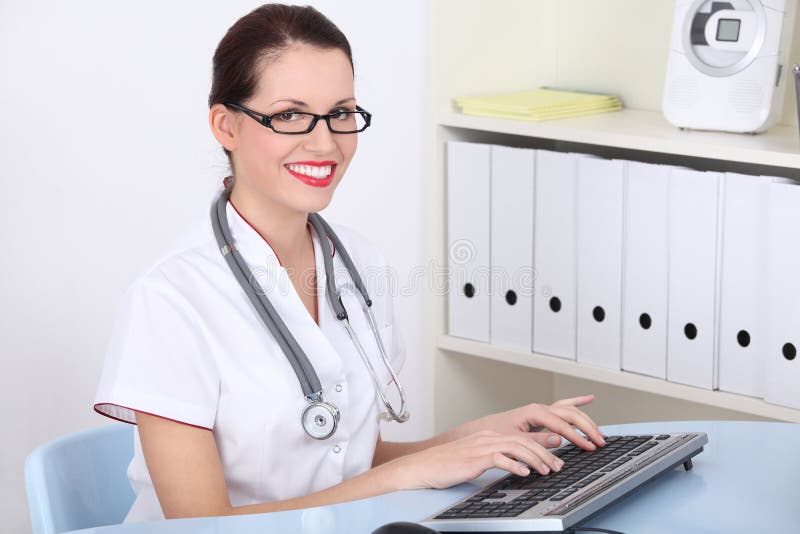 Female Doctor Working on Pc Computer Stock Photo - Image of adult ...