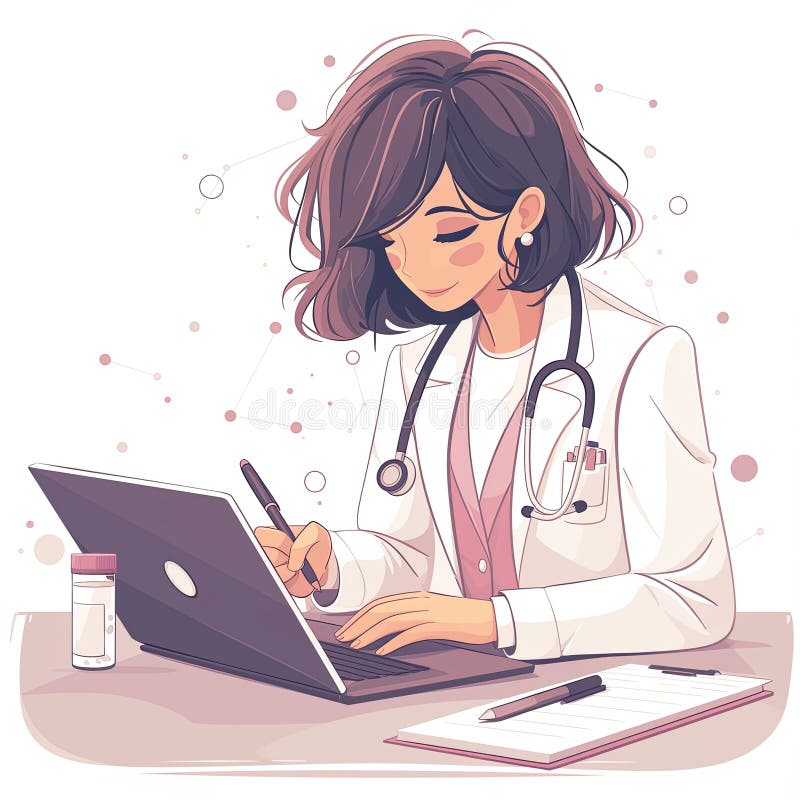 Female Doctor Writing Notes on a Laptop with Medical Tools Around Stock ...