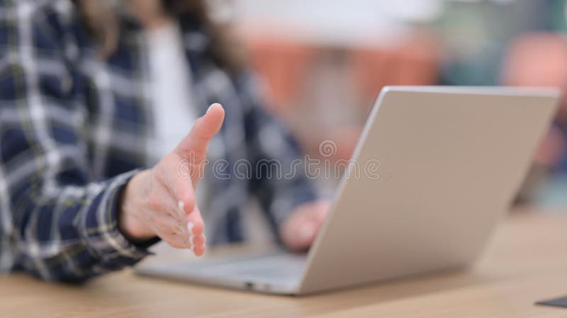 Female Doing Hand Shake Gesture while Using Laptop, Close Up Stock ...