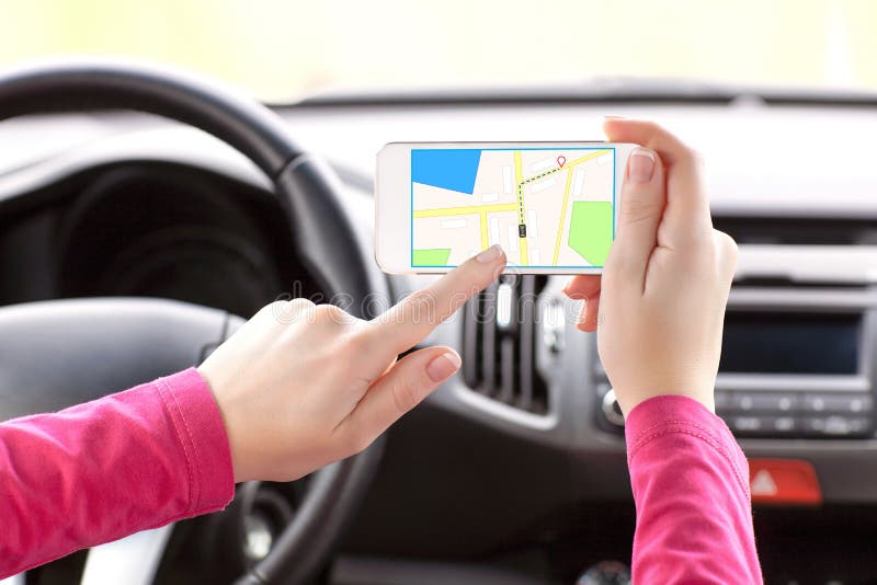 Female Driver Hand Holding Phone with Interface Navigator Stock Image ...