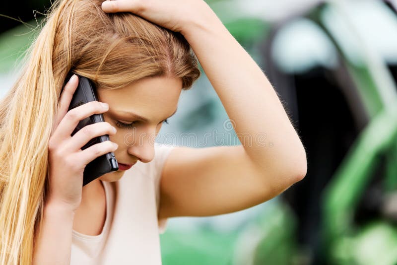 Female Driver Making Phone Call after Traffic Accident Stock Image ...