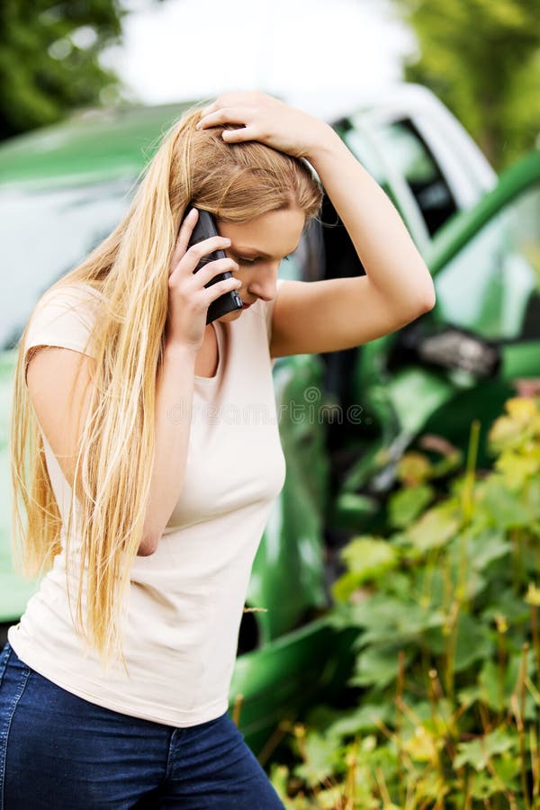 Female Driver Making Phone Call after Traffic Accident Stock Image ...