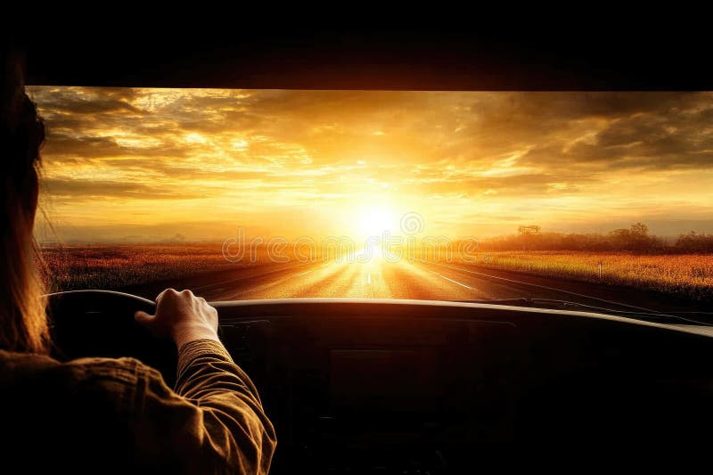 Female Driving at Sunset on Open Road Landscape Stock Image - Image of ...