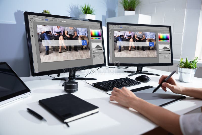 Female Editor Working on Computer Stock Image - Image of internet ...
