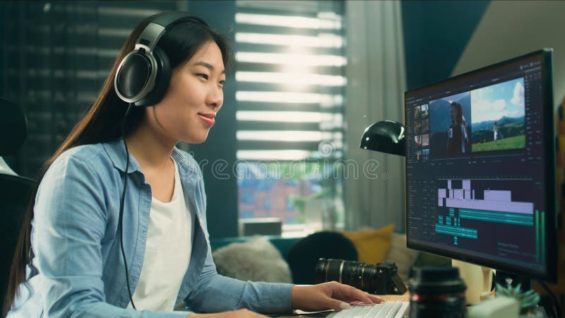 Female Editor Working on Video Remotely Stock Image - Image of woman ...