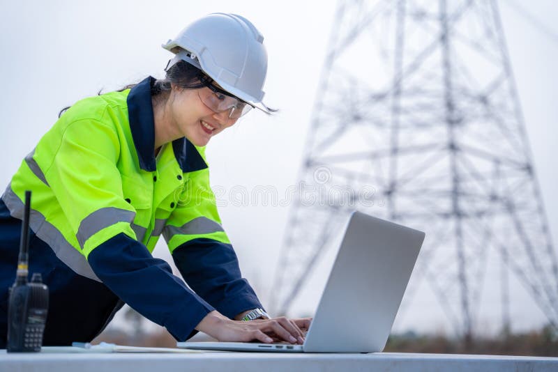 A Female Electrical Engineers Using a Notebook Computer at Power ...
