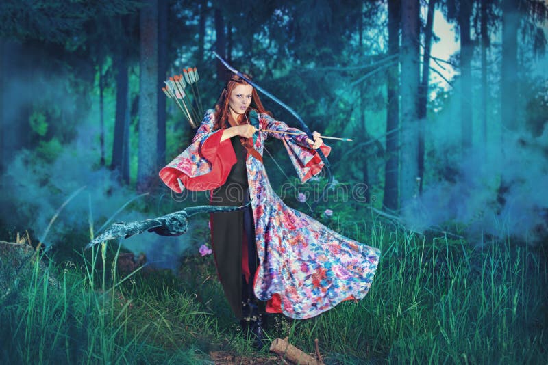 Female Elf with Bow in a Magic Forest Stock Image - Image of fantasy ...