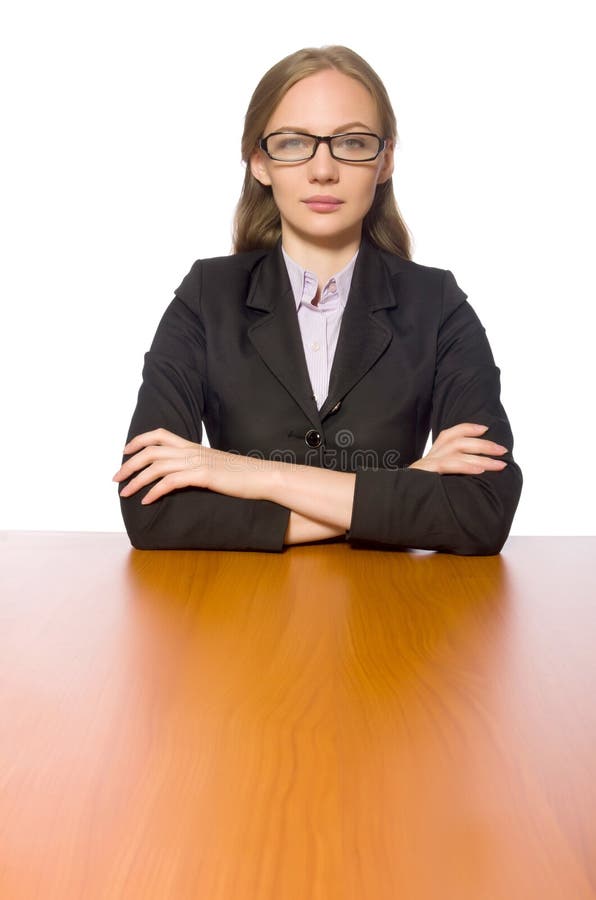 The Female Employee Sitting at Long Table Isolated on White Stock Photo ...