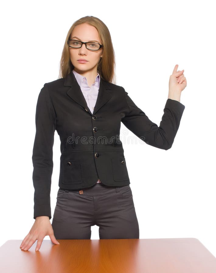 Female Employee Sitting at Long Table Isolated on White Stock Image ...