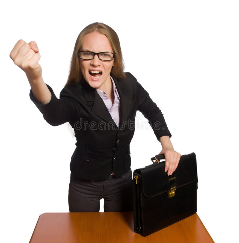 Female Employee Sitting at Long Table Isolated on White Stock Photo ...