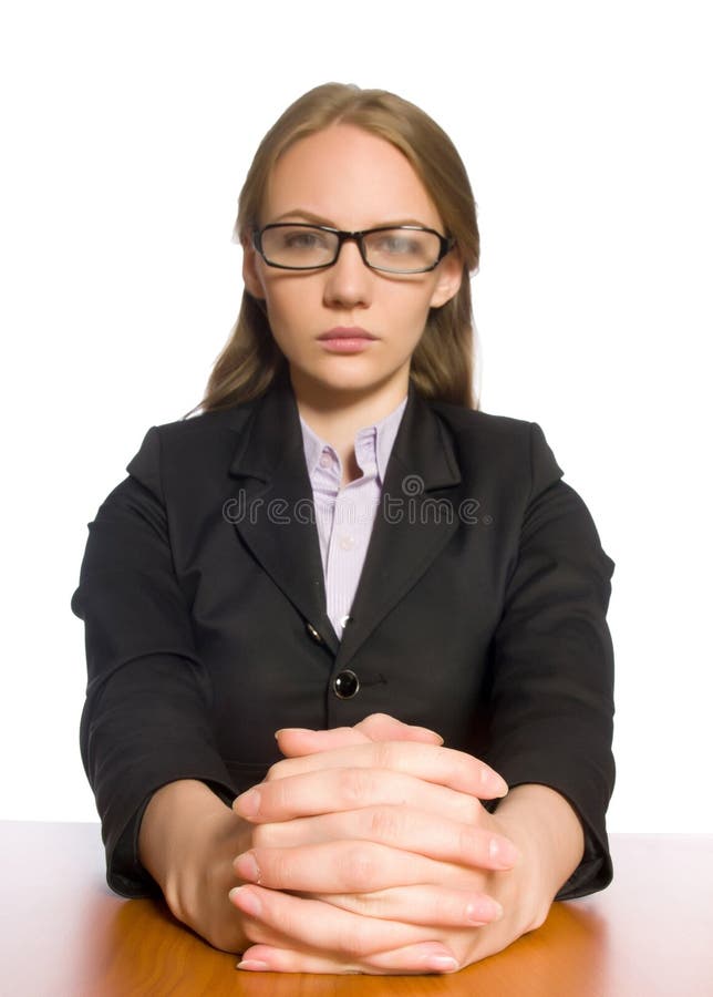Female Employee Sitting at Long Table Isolated on White Stock Image ...