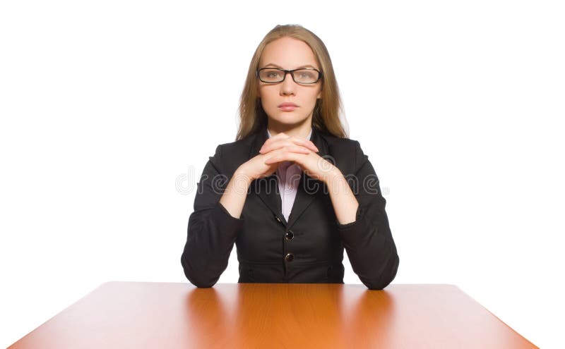 Female Employee Sitting at Long Table Isolated on White Stock Image ...