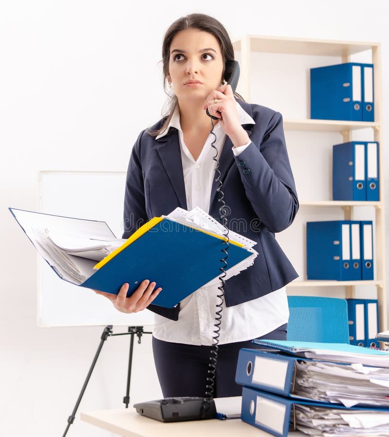 Female Employee with Too Much Work in the Office Stock Photo - Image of ...