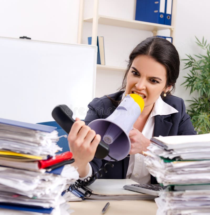 Female Employee with Too Much Work in the Office Stock Image - Image of ...