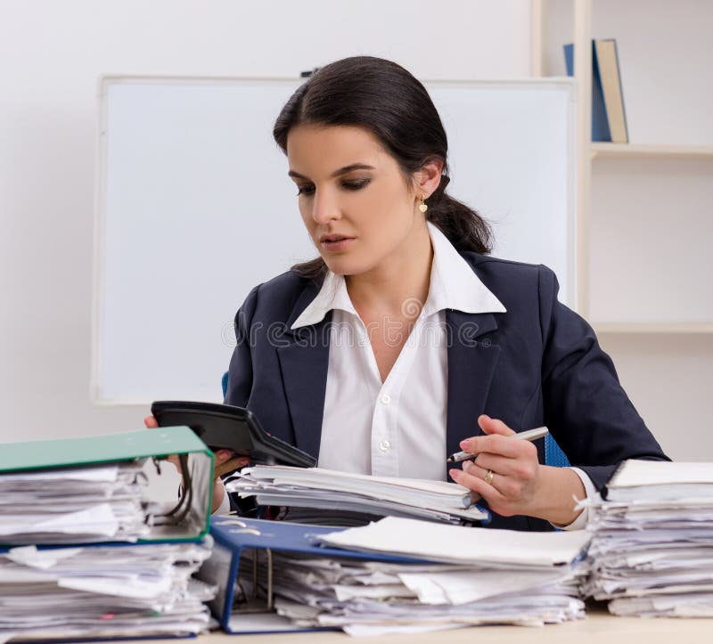 Female Employee with Too Much Work in the Office Stock Photo - Image of ...