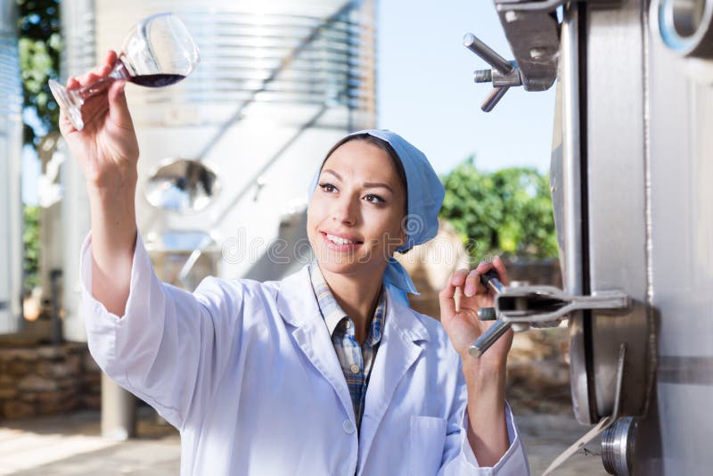 Female Employee in White Robe Posing at Winery Stock Photo - Image of ...