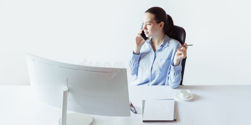Female Employee Working with Computer, Creating and Processing Ideas in ...