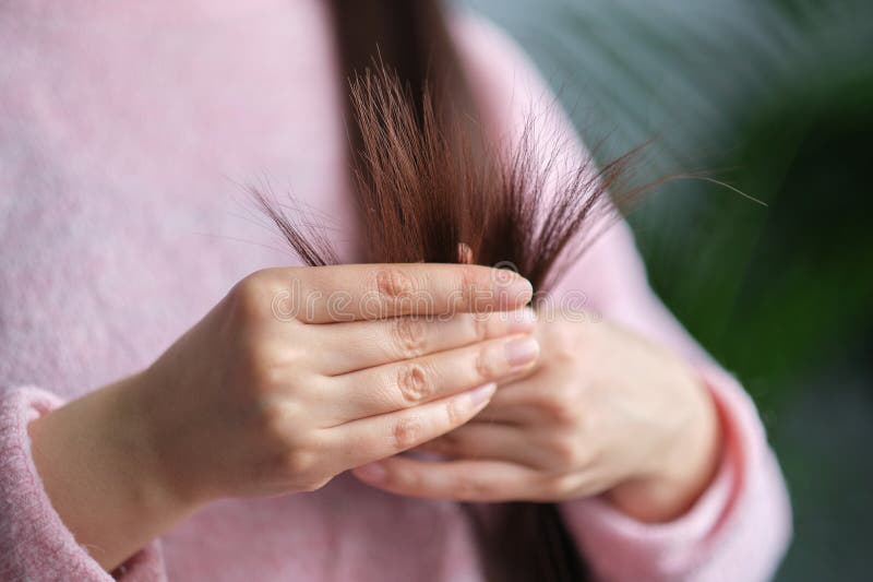 Unrecognizable Woman Ends of Hair Care Problems. Hair Suffers from ...