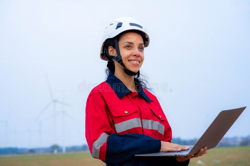 Female Engineer or Architect Stands Outdoors with Laptop To Work ...