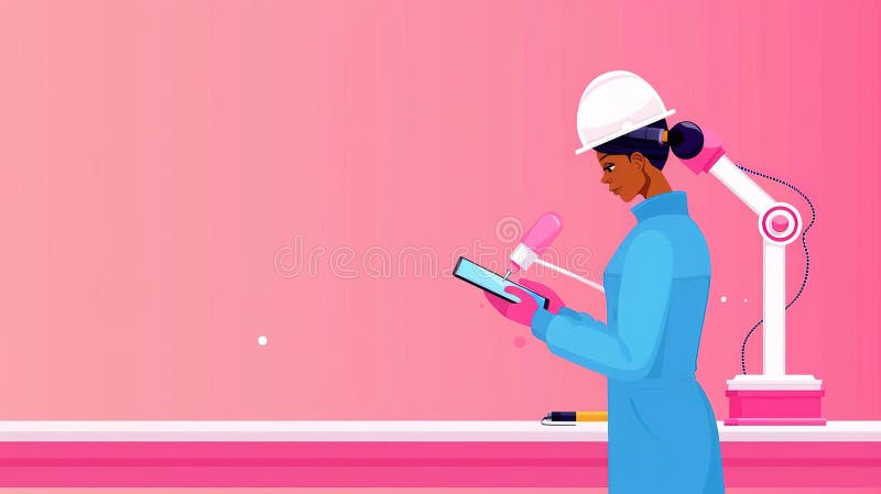 Female Engineer in Blue Uniform, Hard Hat, and Gloves, Using a Tablet ...