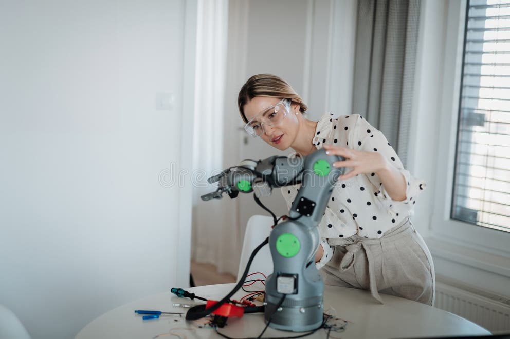 Female Engineer Building and Programming a Robotic Arm at Home. Stock ...