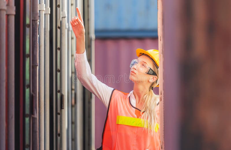 Female Engineer Checking Containers Box with from Cargo Container Stock ...