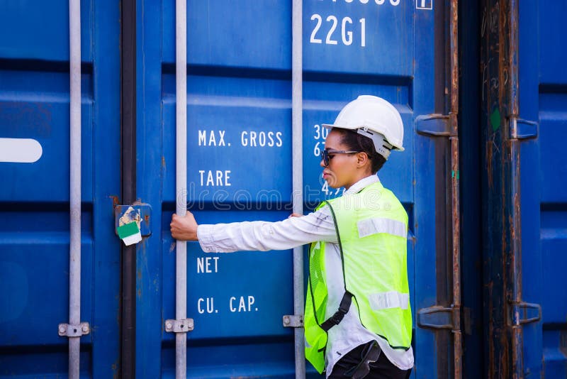Female Engineer Checking Containers Box from Cargo, Logistic Concept ...