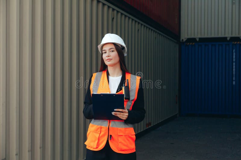 Female Engineer with Clip Folder in White Helmet and Vest Working in ...