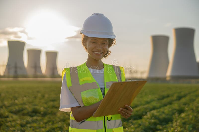 Female Engineer Constructor Stands with Clipboard on Field on ...