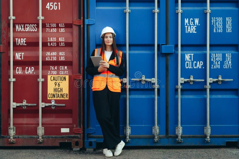 Female Engineer Containers Terminal Worker with Tablet Posing at ...