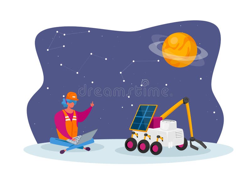 Female Engineer Control Rover Moving on Alien Planet Surface. Outer ...