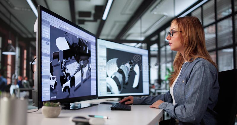 Female Engineer Developing Electric Car Model Using CAD Software Stock ...