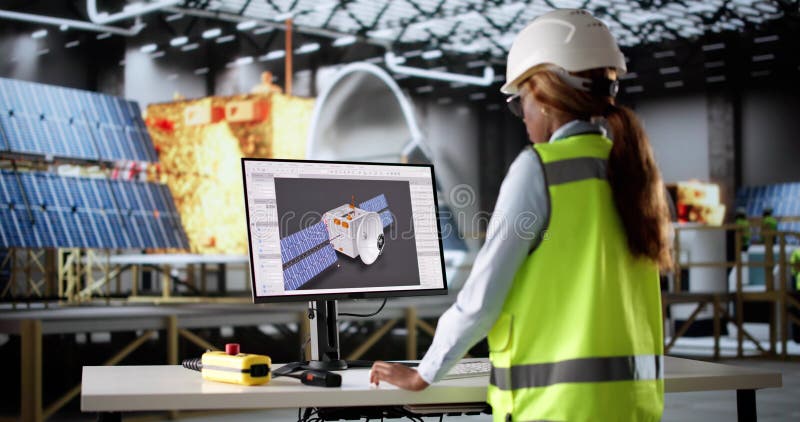 Female Engineer Drafting 3D Model of Solar Satellite Stock Photo ...