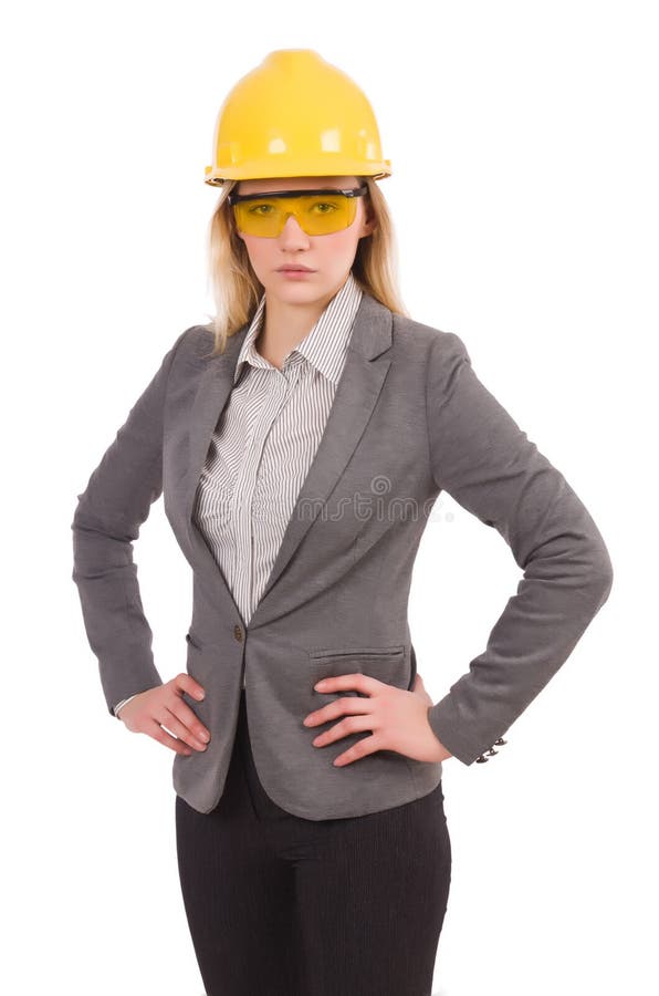 Female Engineer in Helmet Isolated on White Stock Photo - Image of ...