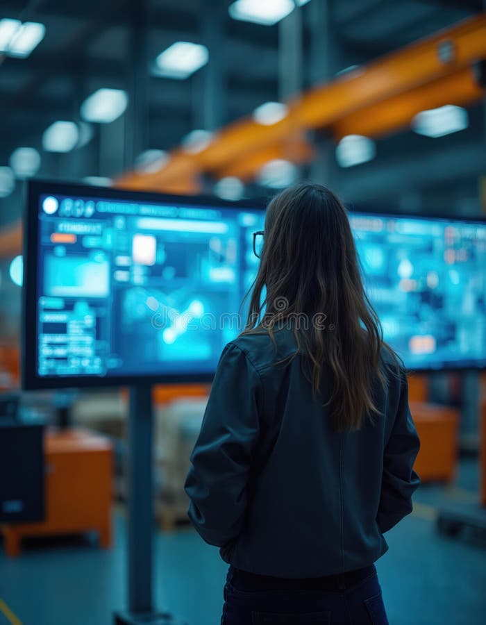 Female Engineer Monitors Operations with Advanced Digital Display in ...