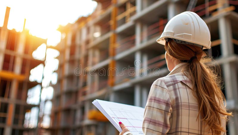 Female Engineer Observing Construction Site at Sunset Stock ...