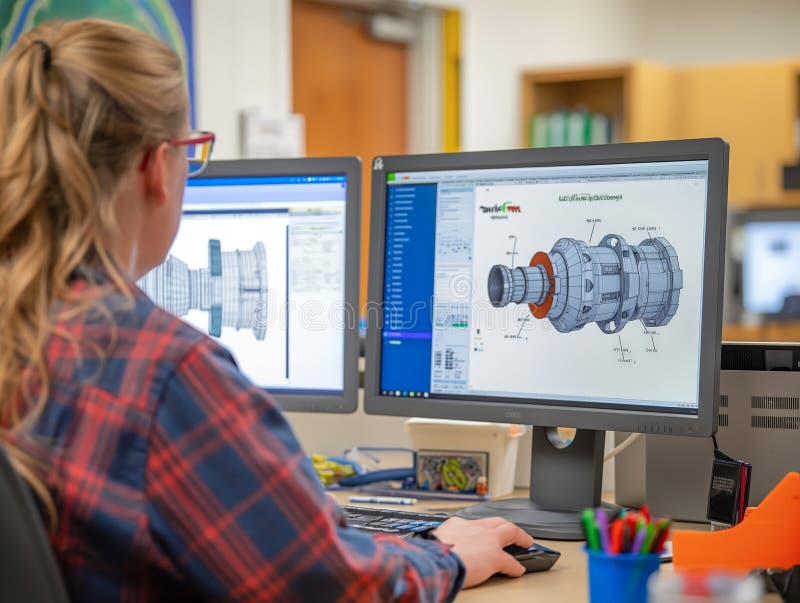 Female Engineer Reviewing Mechanical Design on Computer Stock Image ...