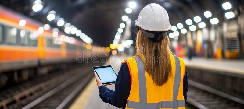 Female Engineer in Safety Gear Uses Digital Tablet, Inspecting Subway ...