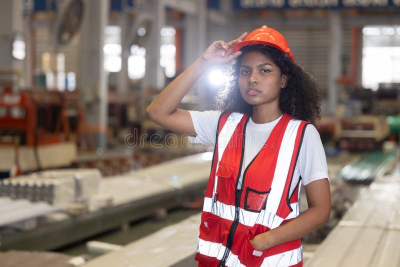 Female Engineer Standing With One Hand Grab Hardhat In The Factory Stock Image Image Of