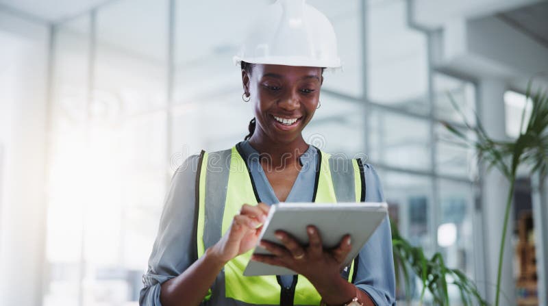 Female Engineer, Tablet and Browsing with Smile for Construction or ...