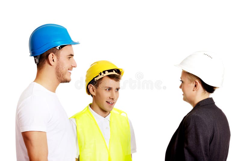 Female Engineer Talking with Two Builders Stock Image - Image of boss ...