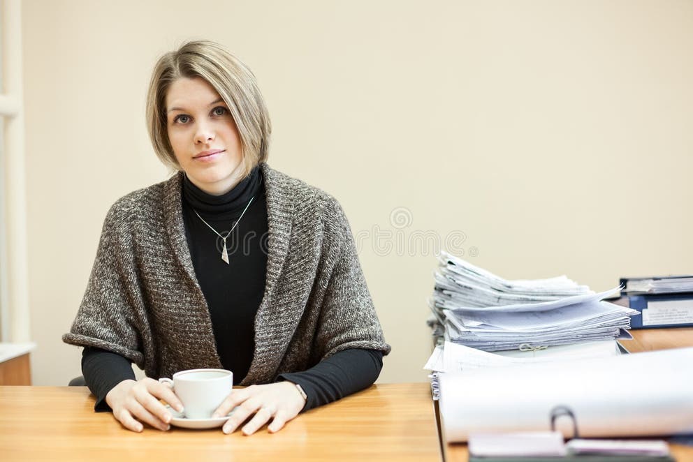 Female Engineer with Tea Cup at Work Desk, Copyspace Stock Photo ...