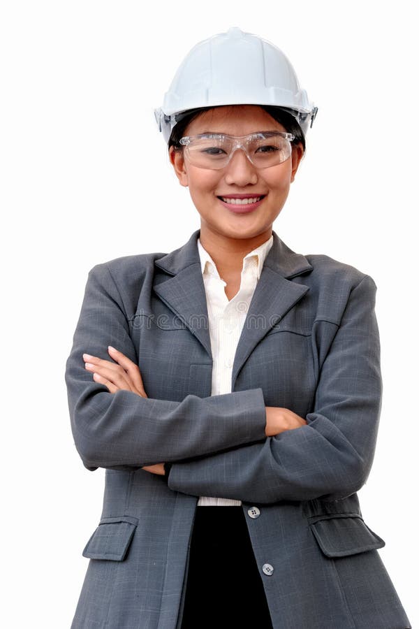 Female Engineer Wearing White Helmet Standing Stock Image - Image of ...