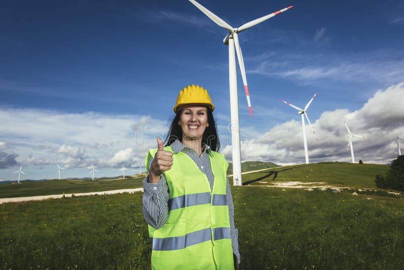 Engineer on Windmill Farm for Electric Power Production Stock Photo ...