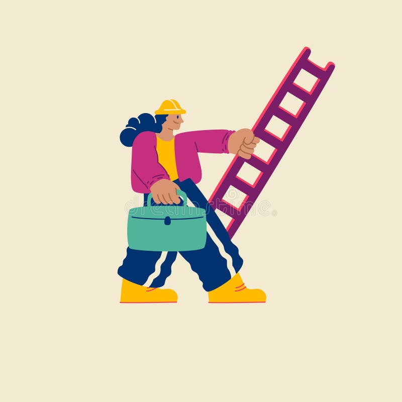 Female Engineer. Woman Builder. a Woman Holds a Ladder and Tools ...