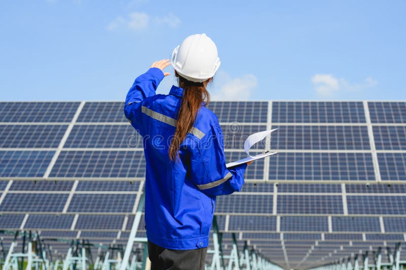 Female Engineer Worker with Solar Panels at Solar Farm Stock Image ...