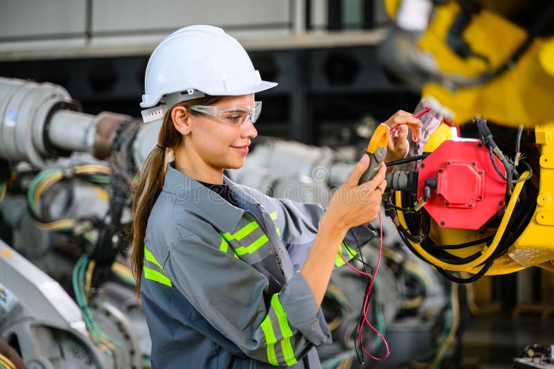 Female Engineer Worker Working with Robotic Machine Automation Stock ... Female Engineer Worker Working with Robotic Machine Automation Stock ...