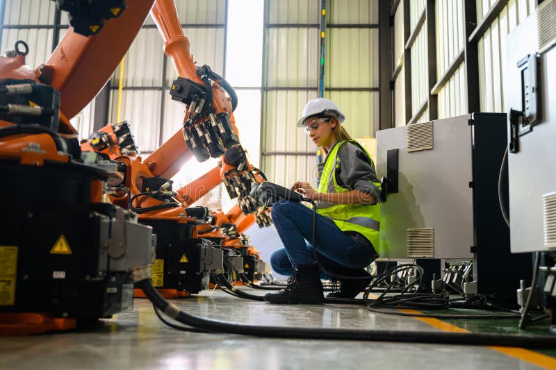 Female Engineer Worker Working with Robotic Machine Automation Stock ...