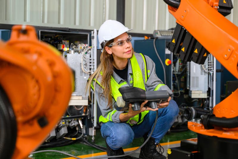 Female Engineer Worker Working with Robotic Machine Automation Stock ...